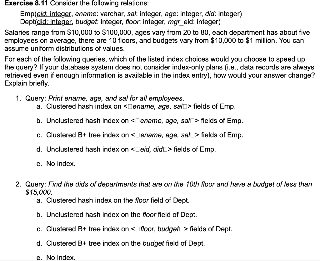 Solved Exercise 8.11 Consider the following relations: Emp | Chegg.com