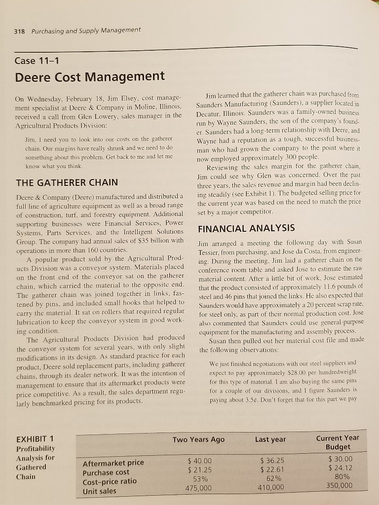 318 Purchasing and Supply Management Case 11-1 Deere | Chegg.com