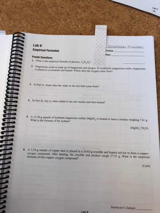 Solved Savanala mccann Lab 9 Empirical Formulas Prelab | Chegg.com