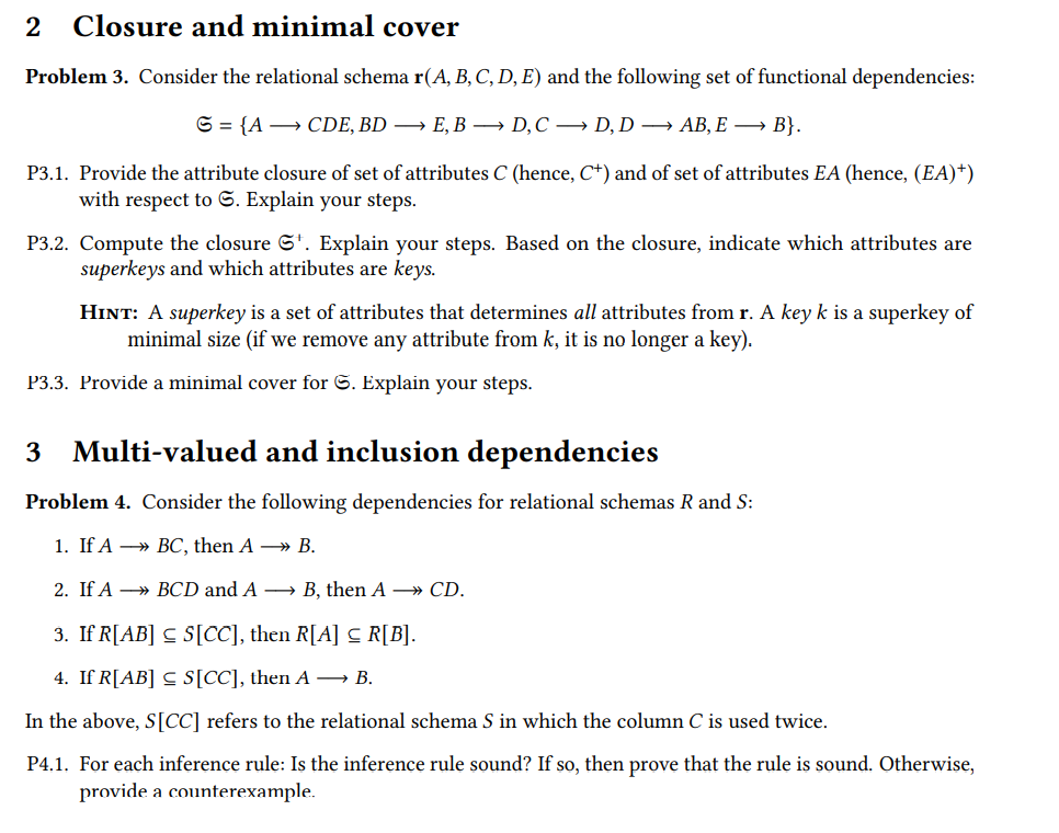 Solved 2 Closure and minimal cover Problem 3. Consider the | Chegg.com