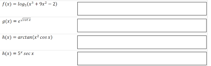 Solved f(x)=log5(x3+9x2−2) g(x)=ecotx h(x)=arctan(x2cosx) | Chegg.com