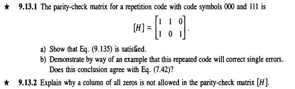 Solved 9.13.1 The parity-check matrix for a repetition code | Chegg.com
