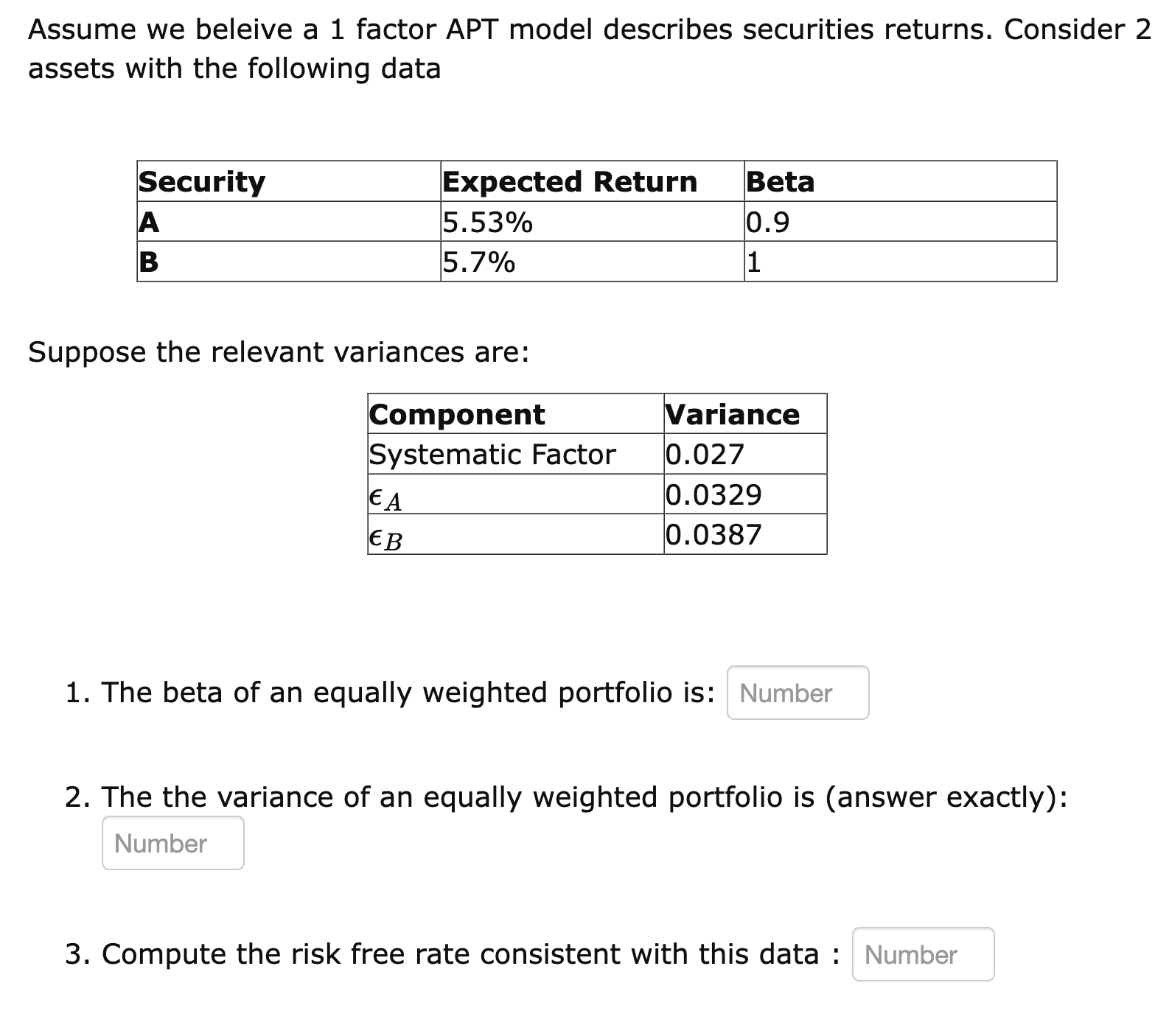 Solved Assume we beleive a 1 factor APT model describes | Chegg.com