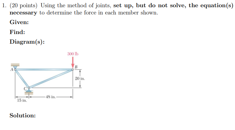 Solved 1. (20 points) Using the method of joints, set up, | Chegg.com