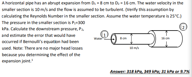 Solved A horizontal pipe has an abrupt expansion from D1 = 8 | Chegg.com