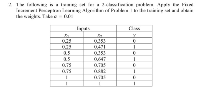2. The following is a training set for a | Chegg.com