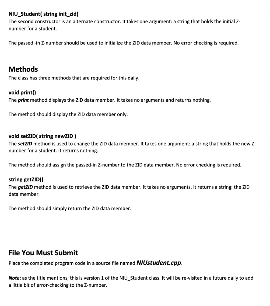 Solved NIU_Student class (version 1) Overview For this | Chegg.com