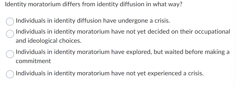 Solved Identity moratorium differs from identity diffusion | Chegg.com