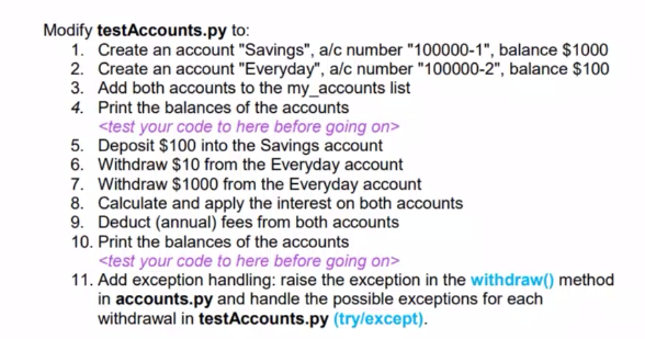 Solved Modify accounts.py to: 1. Put a comment after the | Chegg.com