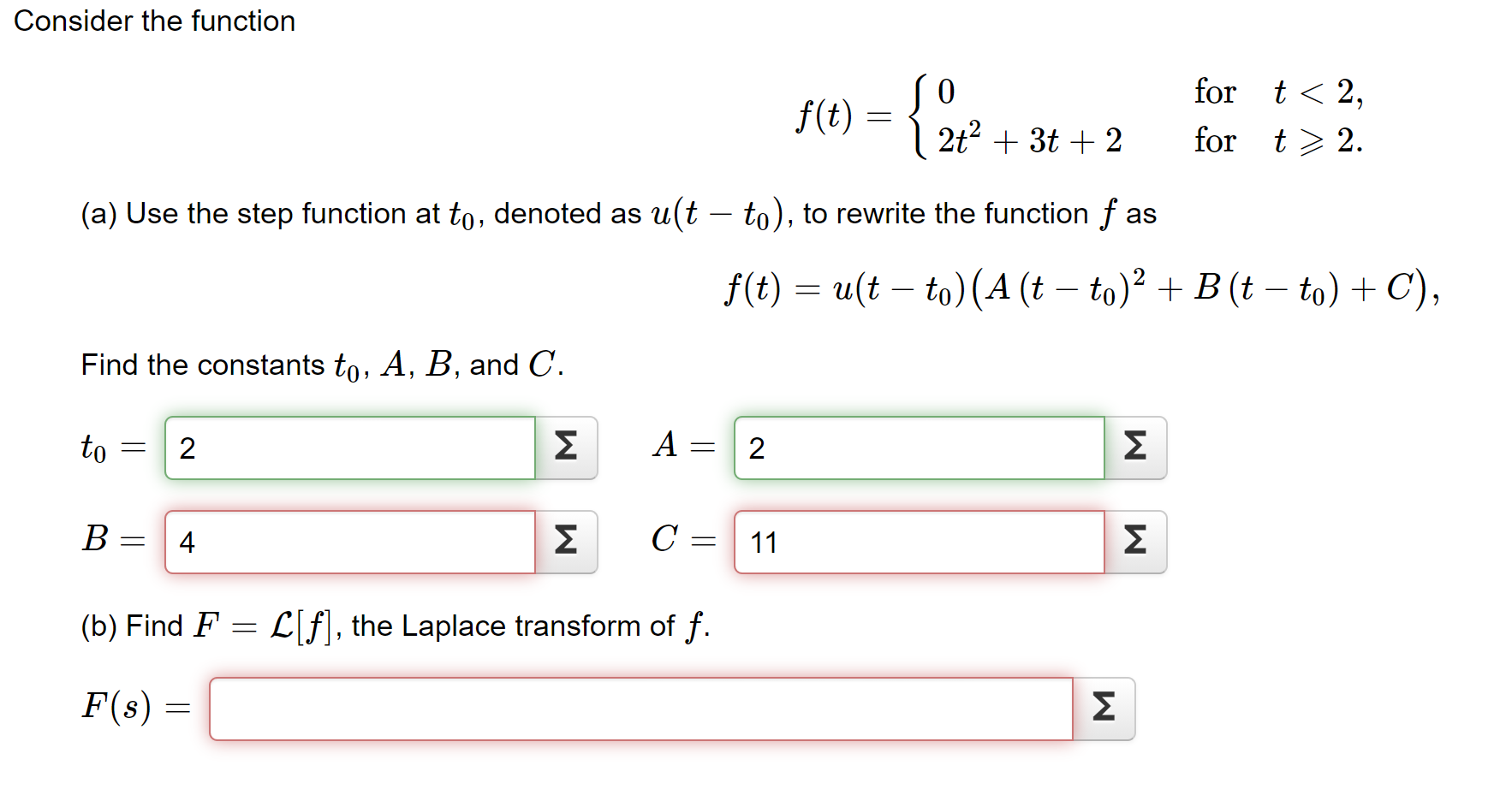 Solved Consider the function f(t) = { 0 2t2 + 3t + 2 for t