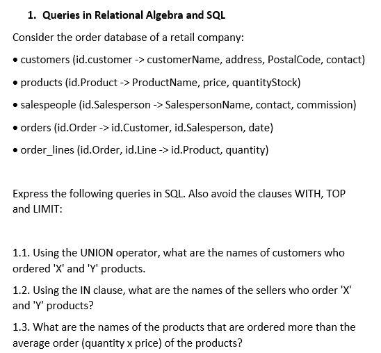 Solved 1. Queries in Relational Algebra and SQL Consider the | Chegg.com