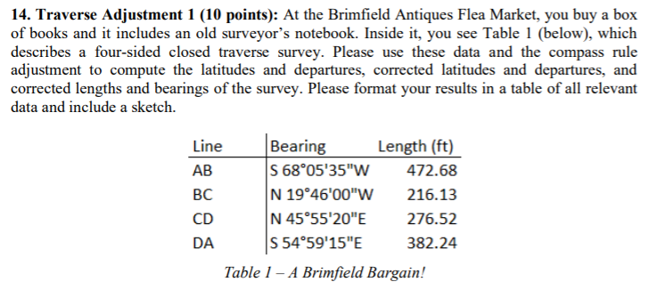 Solved 14. Traverse Adjustment 1 (10 points): At the | Chegg.com