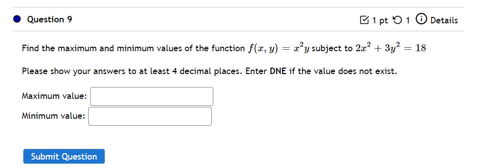 Solved Question 9 1 pt 5 1 0 Details Find the maximum and | Chegg.com