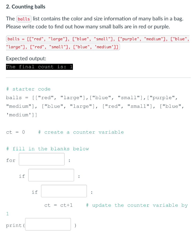 Solved 2. Counting balls The list contains the color and | Chegg.com