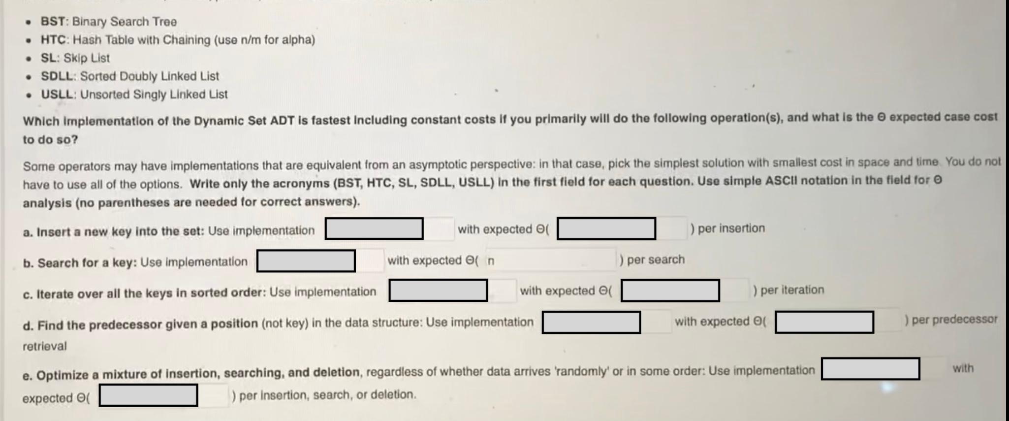 Solved Dynamic Set Implementations Implementation Options 