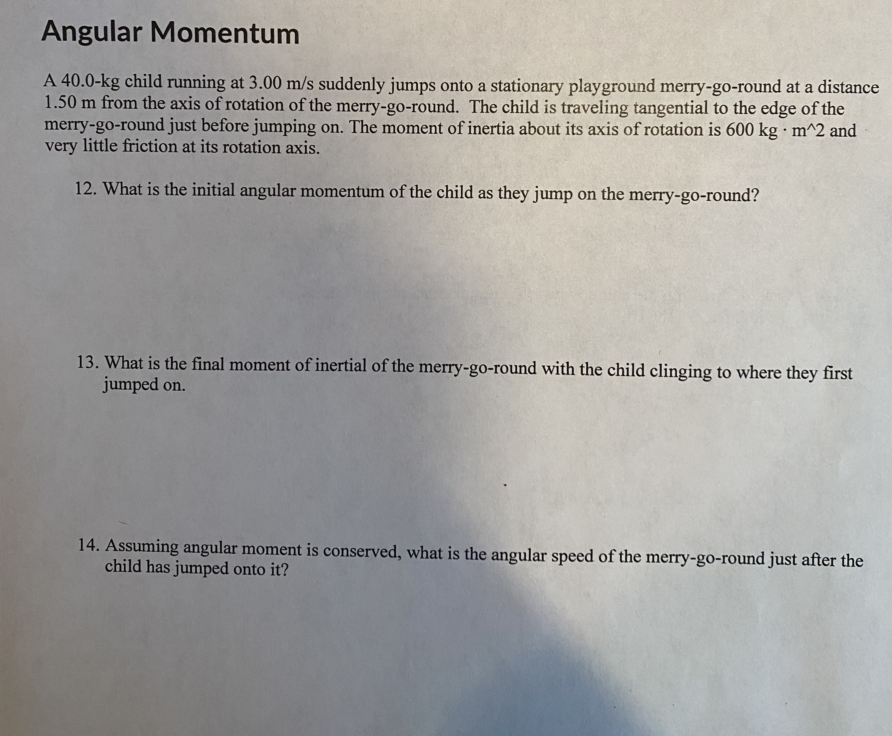 Solved Angular MomentumA 40.0-kg child running at 3.00ms | Chegg.com