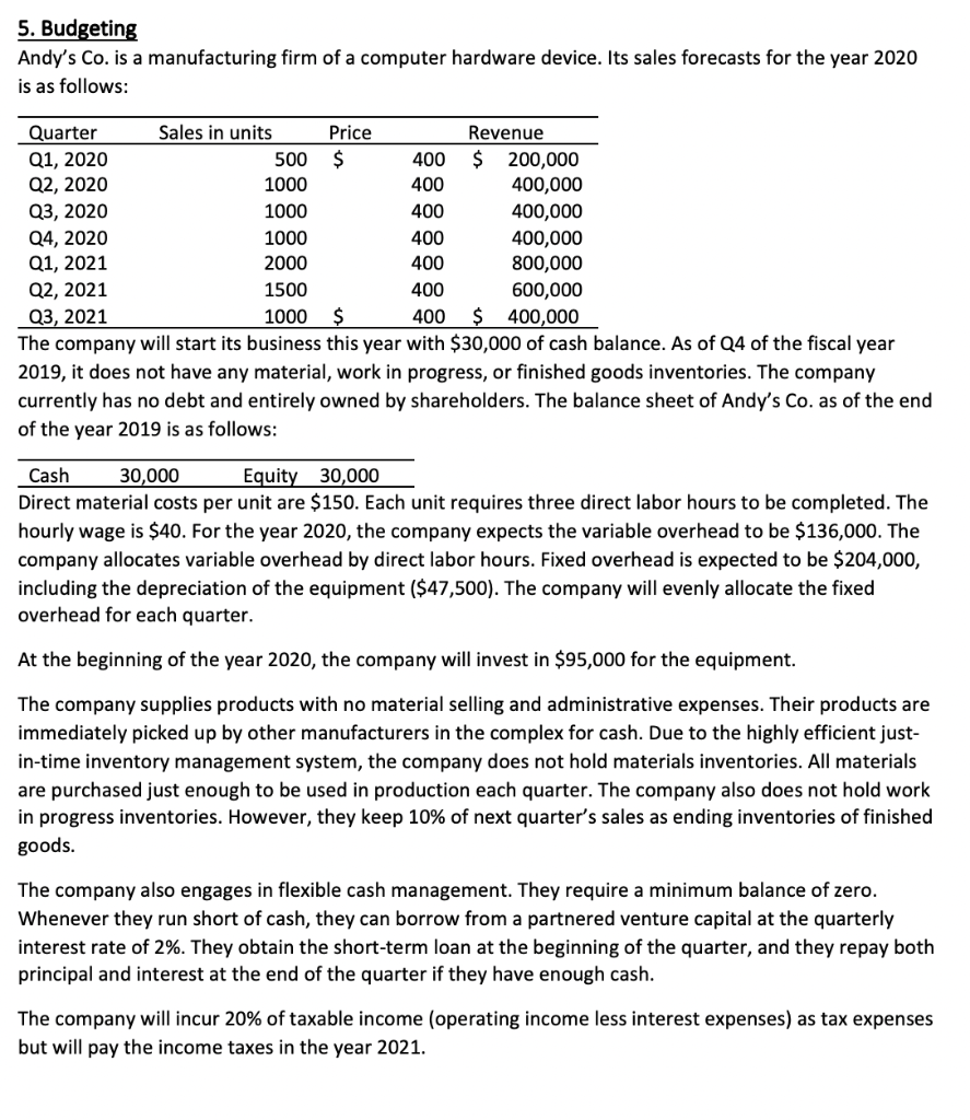 Budgeting Part 3 (Q10 -12) Required: 10) Complete | Chegg.com