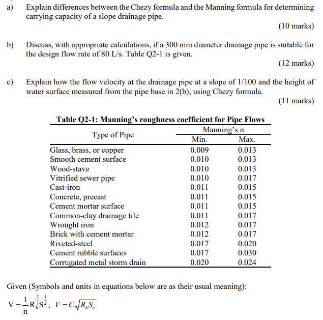 Solved a) Explain differences between the Chezy formula and | Chegg.com