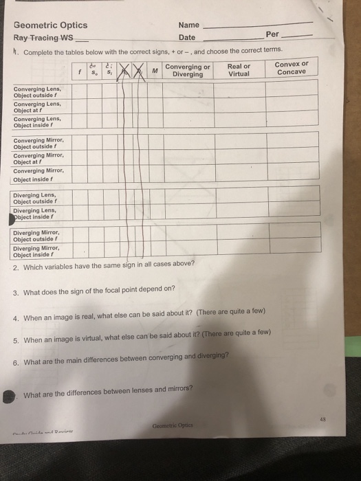 Solved Geometric Optics Ray Fracing WS h. Complete the | Chegg.com