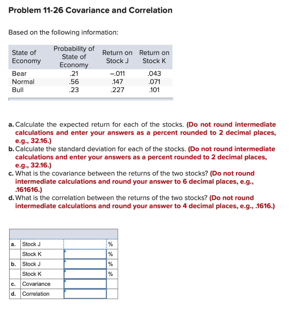 Solved Problem 11-26 Covariance and Correlation Based on the | Chegg.com