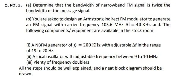 Solved (a) Determine that the bandwidth of narrowband FM | Chegg.com