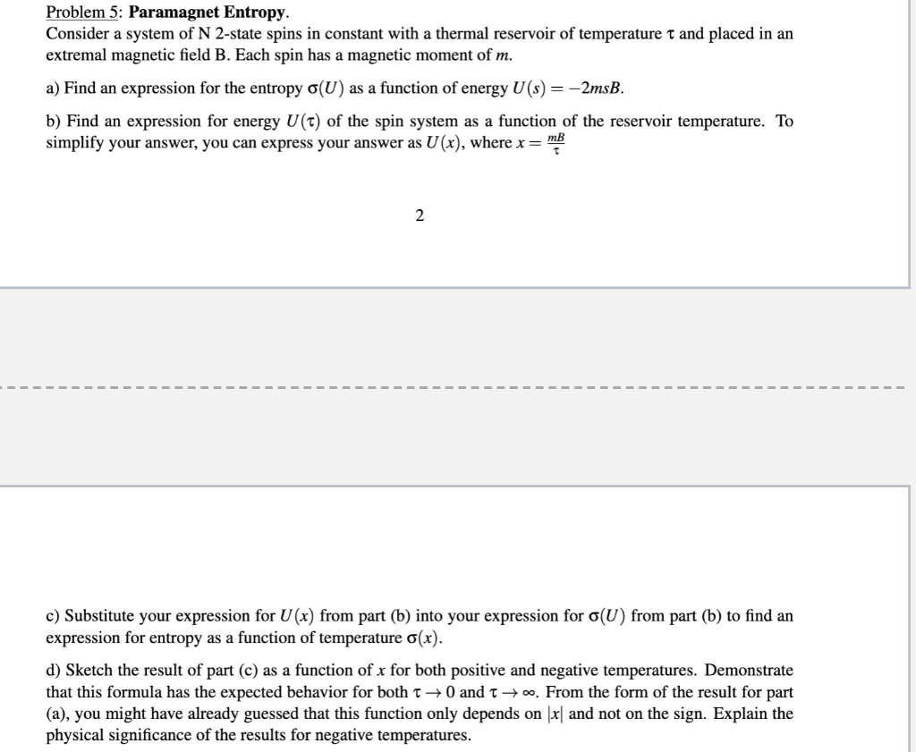 Problem 5: Paramagnet Entropy Consider a system of N | Chegg.com