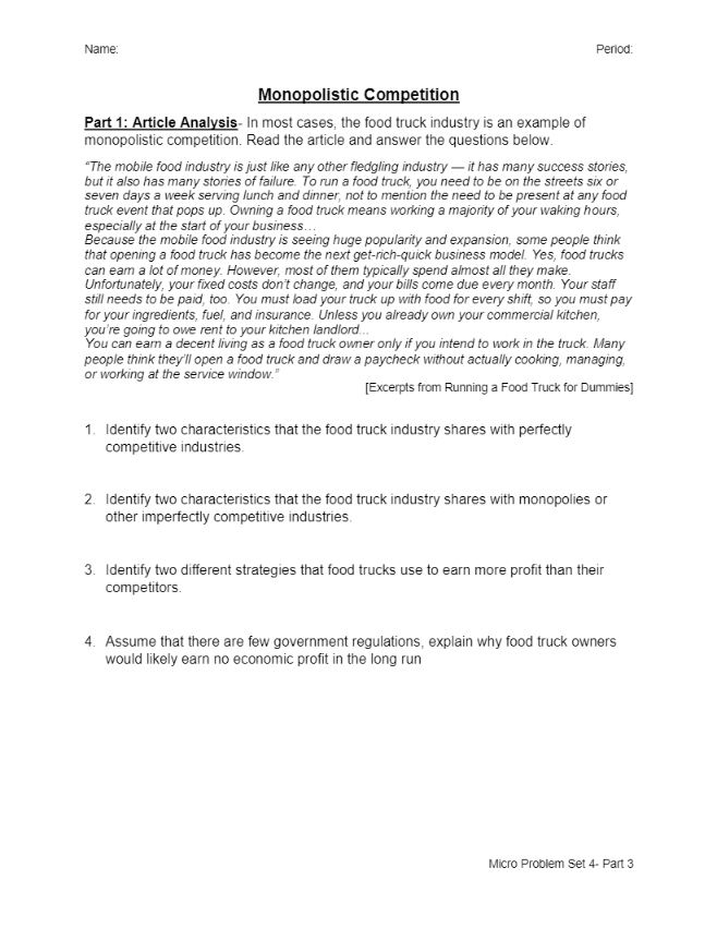 Solved Name: Period: Monopolistic Competition Part 1: | Chegg.com