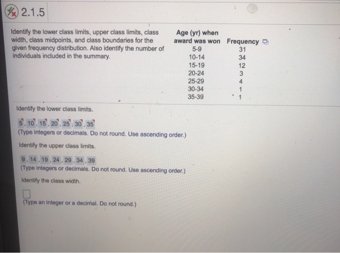 Solved 2.1.5 Identify the lower class limits, upper class | Chegg.com
