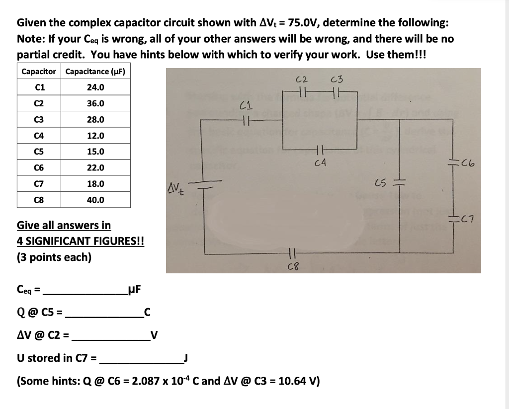 Solved Given the complex capacitor circuit shown with AV+ = | Chegg.com