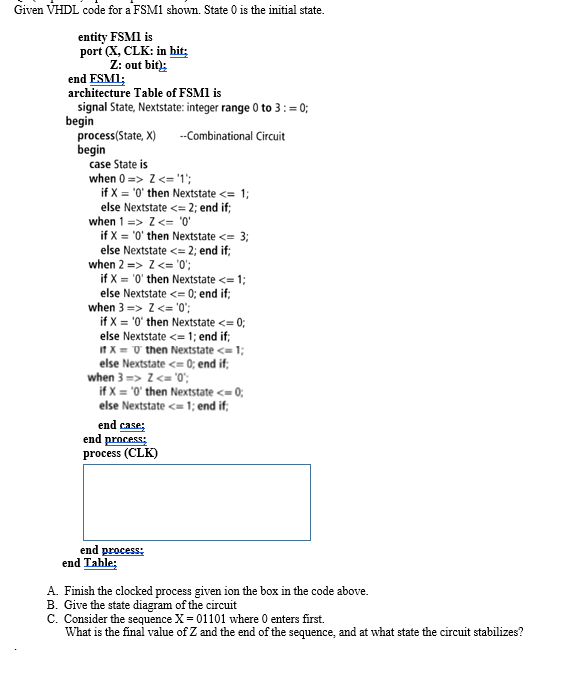 Solved Given VHDL code for a FSM1 shown. State O is the | Chegg.com