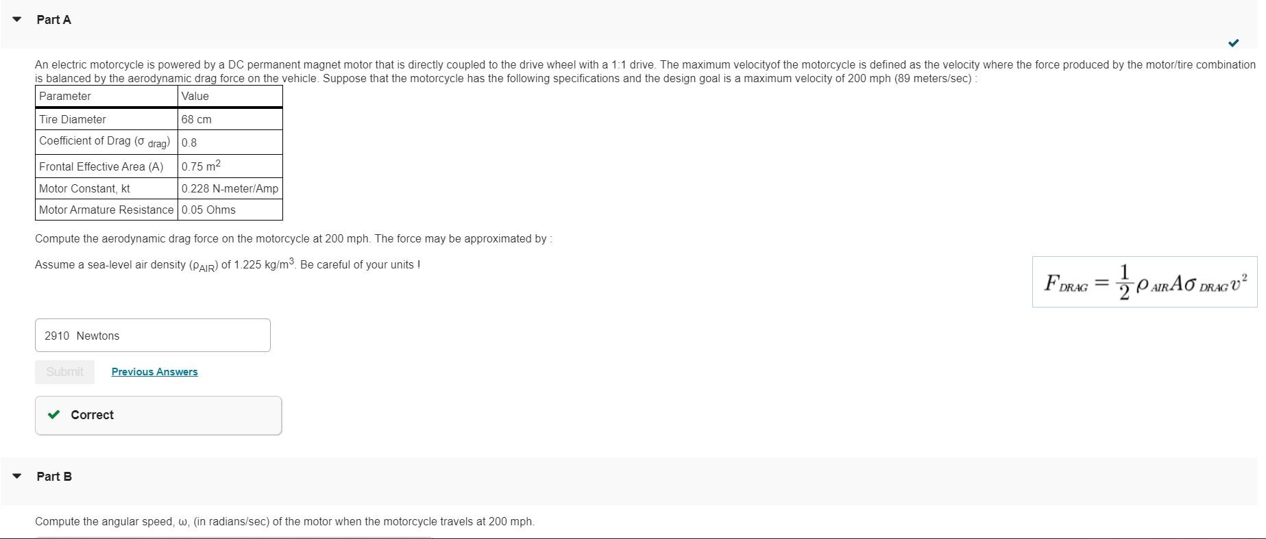 Solved Compute the aerodynamic drag force on the motorcycle | Chegg.com