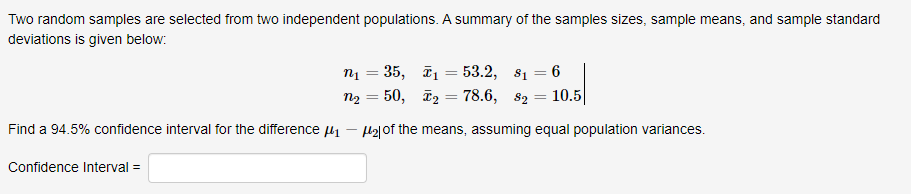 Solved Two random samples are selected from two independent | Chegg.com