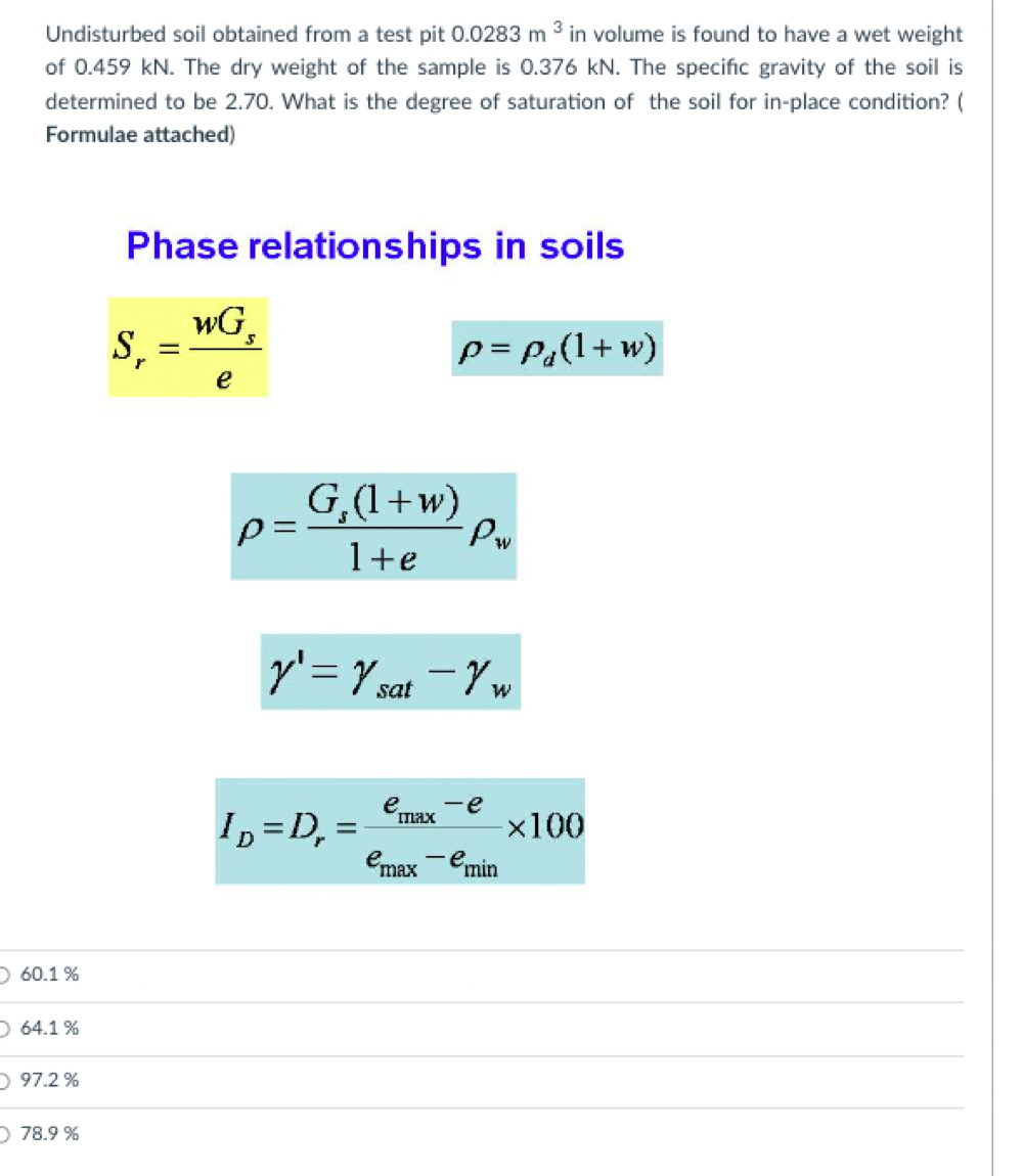 Solved Undisturbed soil obtained from a test pit 0.0283 m 3 | Chegg.com