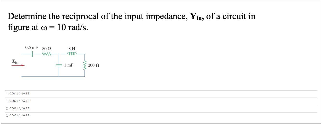 Solved Determine the reciprocal of the input impedance, Yin, | Chegg.com