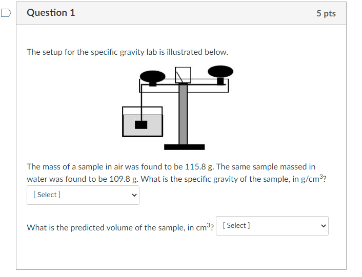 Solved D Question 1 5 pts The setup for the specific gravity | Chegg.com