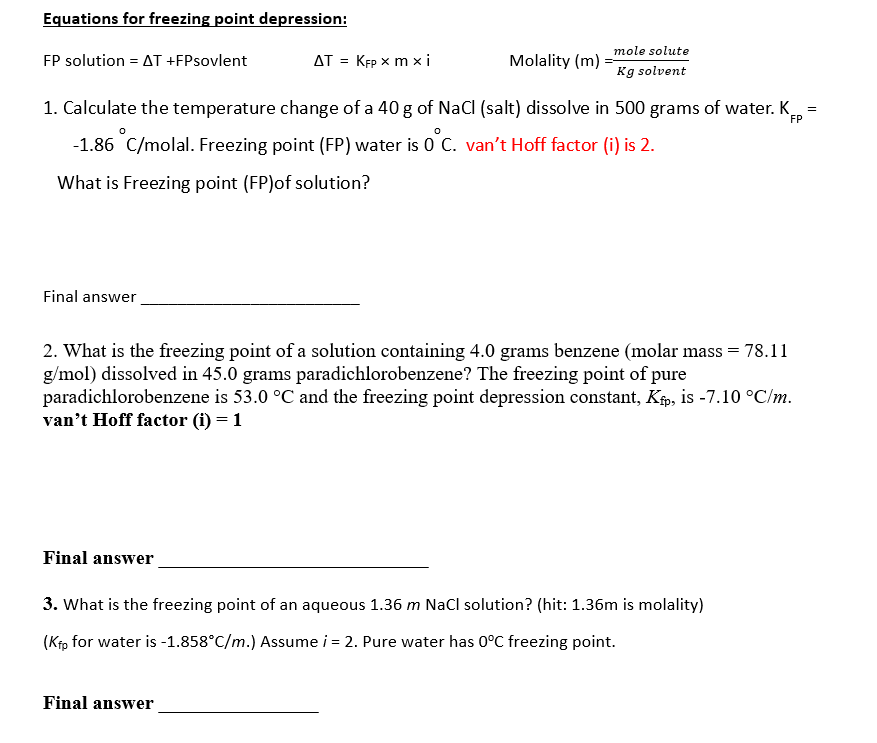 Solved Equations for freezing point depression: FP solution | Chegg.com