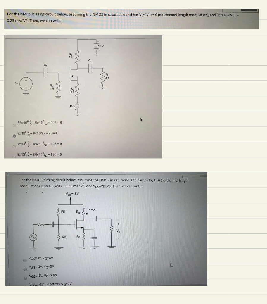 Solved For the NMOS biasing circuit below, assuming the NMOS | Chegg.com