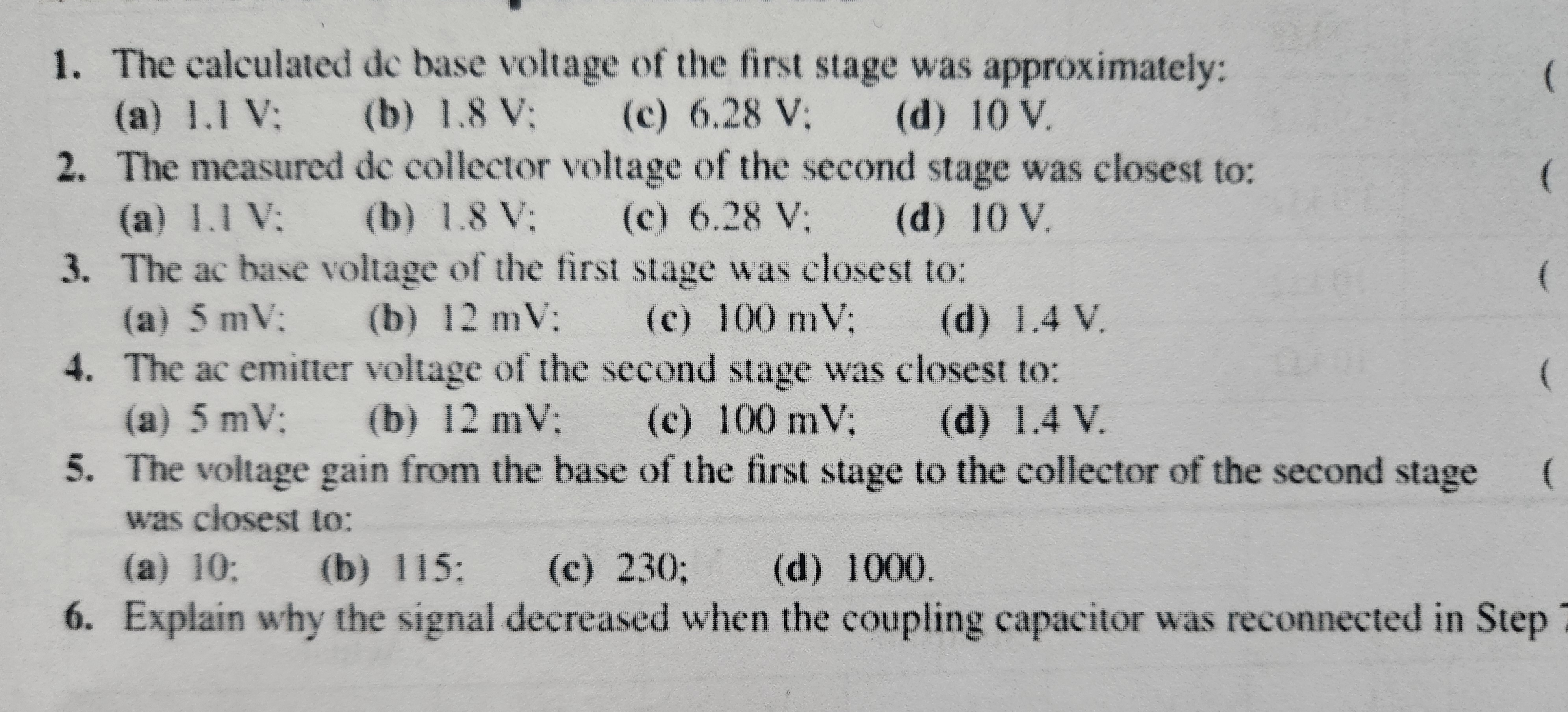 Solved $1. The calculated dc base voltage of the first | Chegg.com