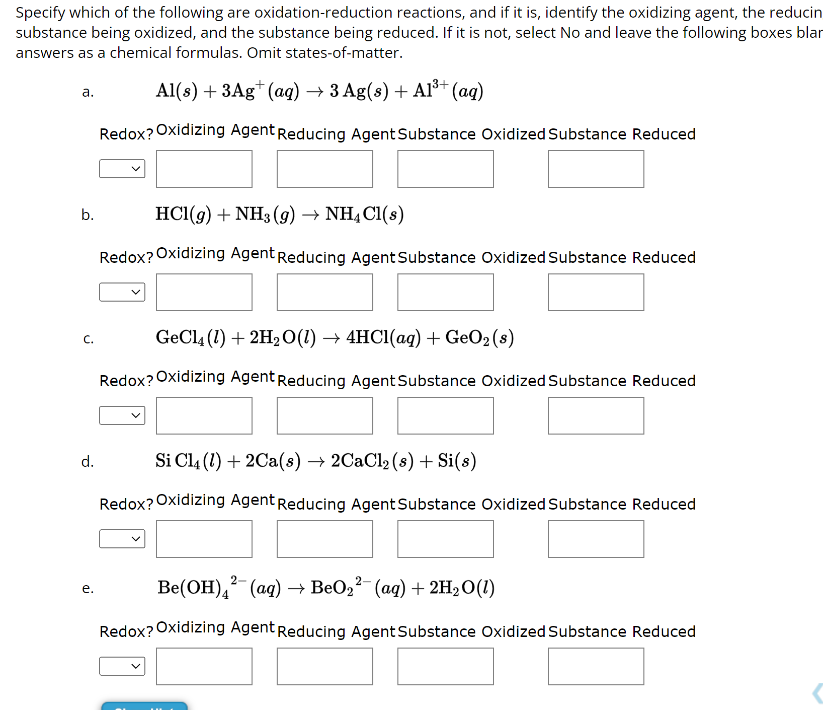 Solved pecify which of the following are oxidation-reduction | Chegg.com