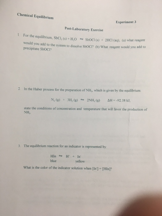 Solved Chemical Equilibrium Experiment 3 Post-Laboratory | Chegg.com