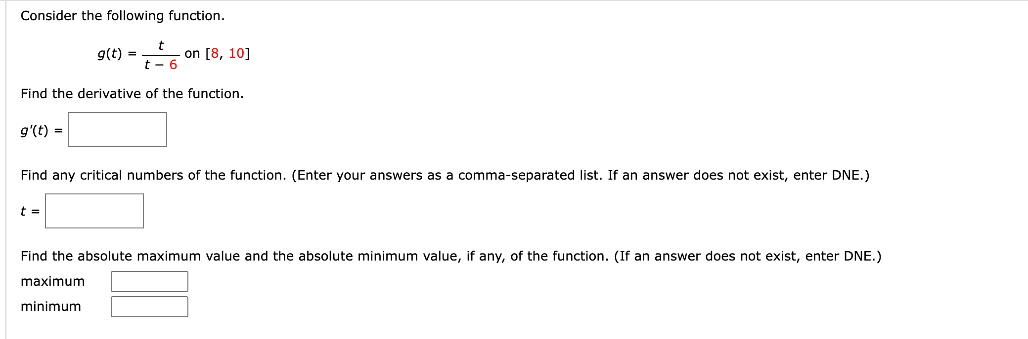 Solved Consider the following function. g(t)=t−6t on [8,10] | Chegg.com