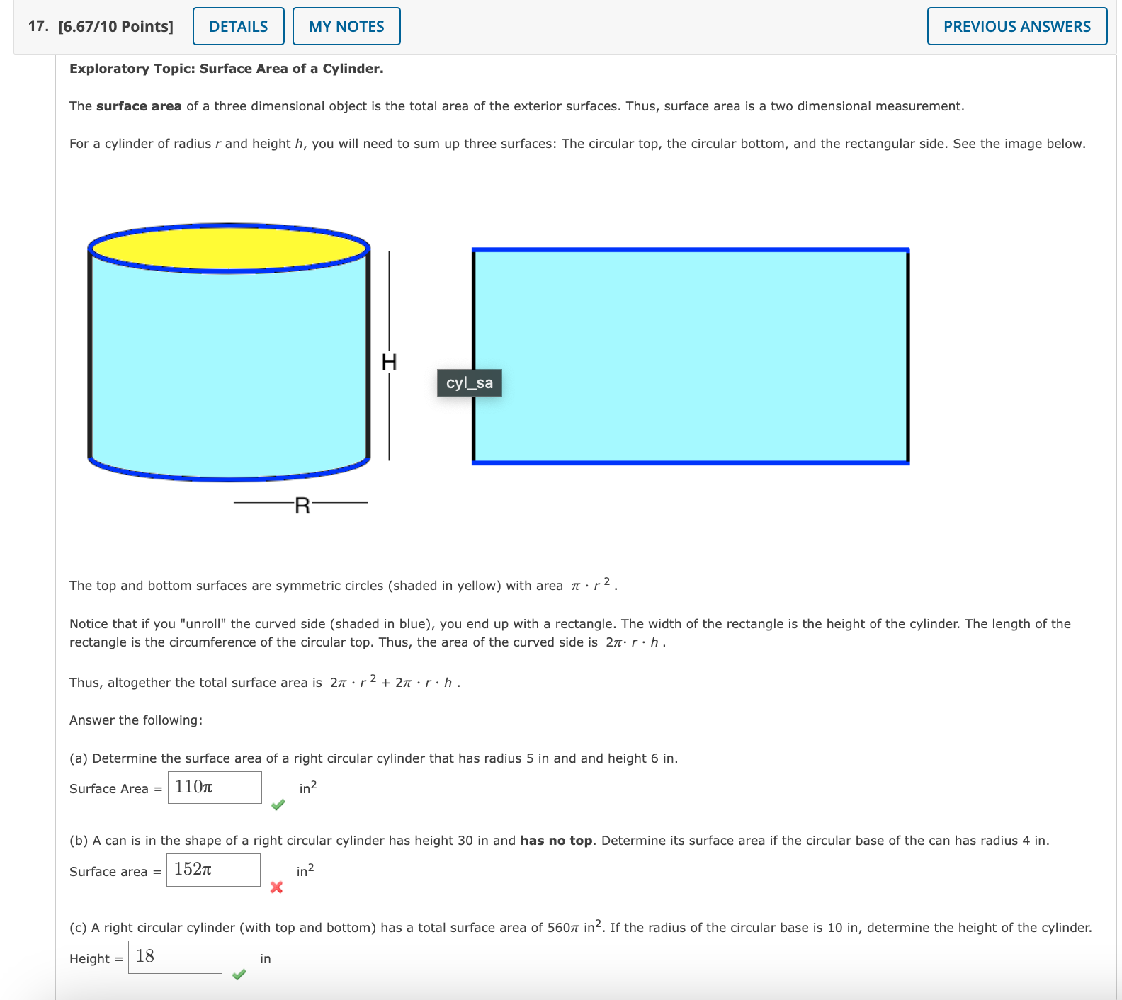 Solved Exploratory Topic: Surface Area of a Cylinder.The | Chegg.com