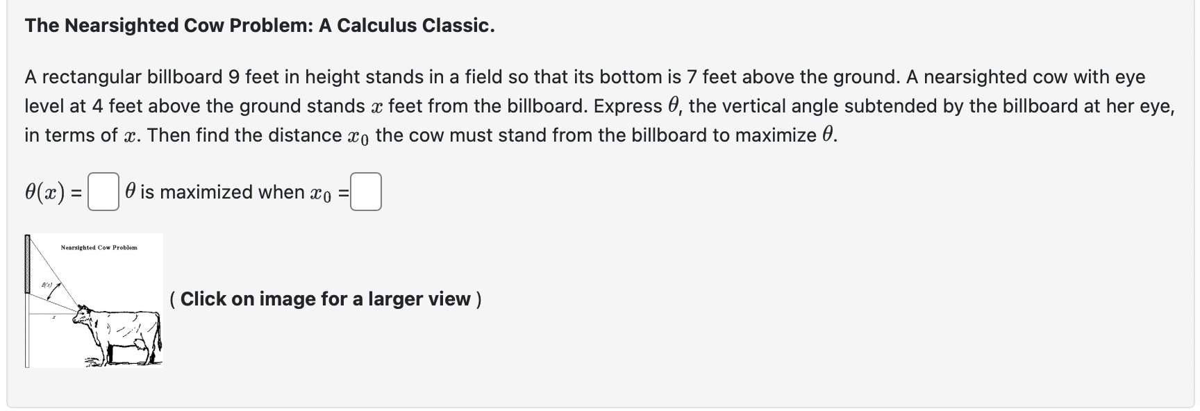 Solved The Nearsighted Cow Problem: A Calculus Classic.A | Chegg.com
