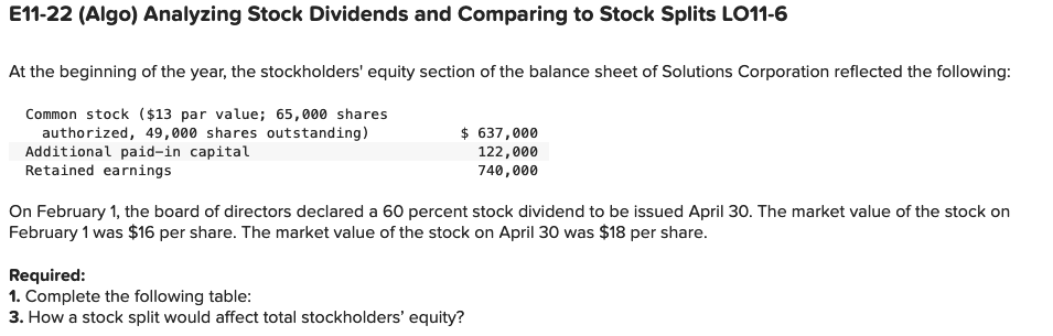 Solved E11-22 (Algo) Analyzing Stock Dividends and Comparing | Chegg.com