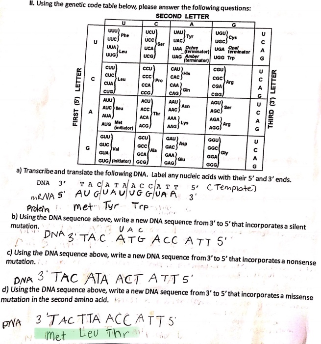 Solved I. Using the genetic code table below, please answer | Chegg.com