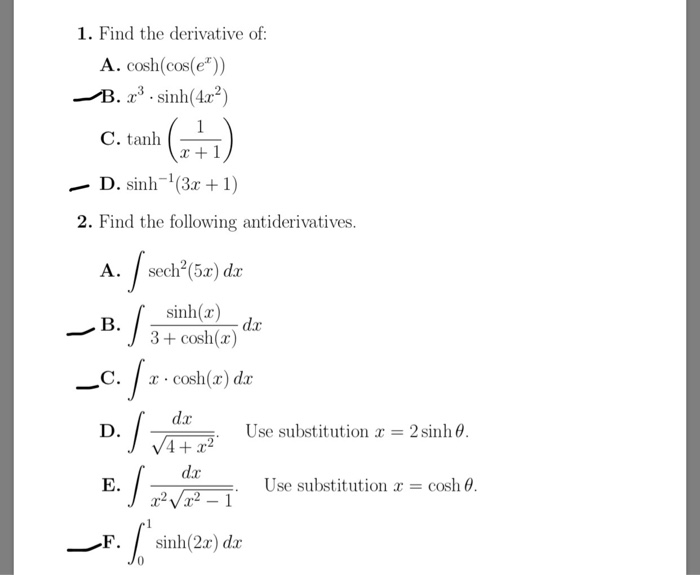 Solved 1. Find the derivative of A. cosh(cos(er) C. tanh_ D. | Chegg.com