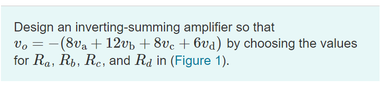 Solved Design an inverting-summing amplifier so that Vo = | Chegg.com
