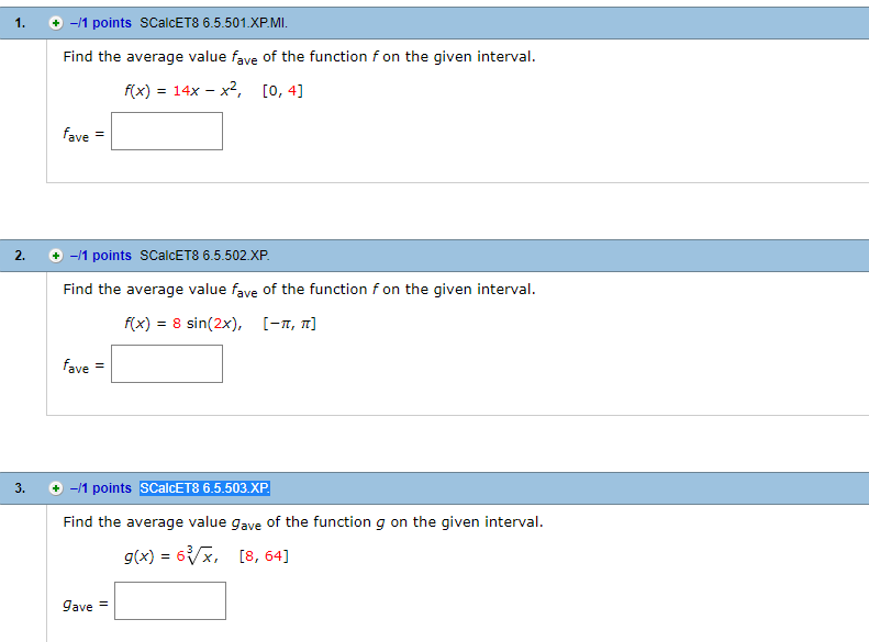 Solved ,-/1 points SCalcET8 6.5.50 1.XP MI Find the average | Chegg.com