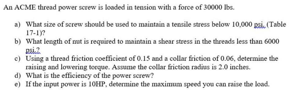 Solved a An ACME thread power screw is loaded in tension | Chegg.com