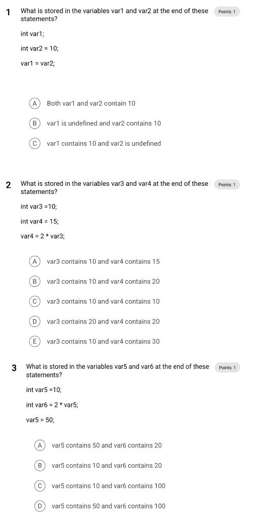 Solved 1 Points: 1 What is stored in the variables var1 and | Chegg.com
